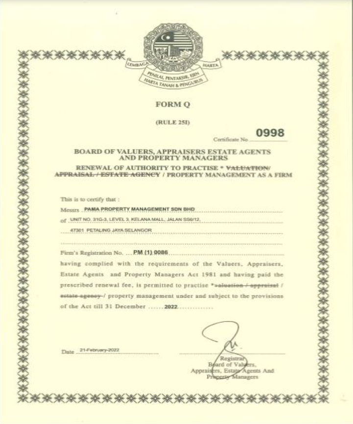 Certification & Recognition – PAMA PROPERTY MANAGEMENT SDN BHD
